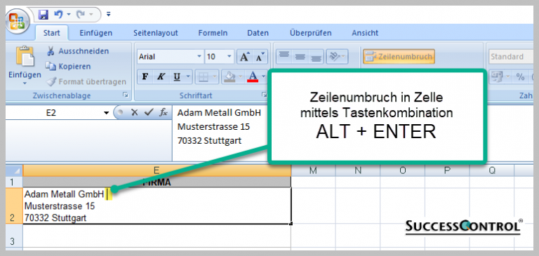 Mit ALT + ENTER einen Zeilenumbruch in Excel erstellen