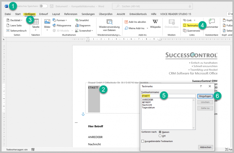 Word Textmarken setzen | SuccessControl CRM